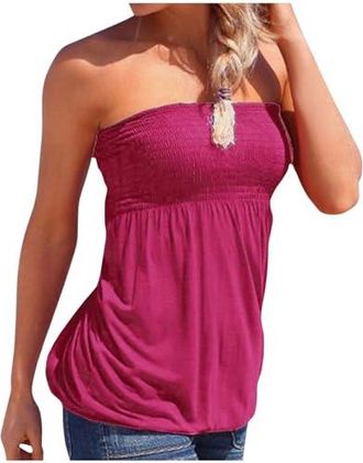 Generic Haut bandeau long pour femme &agrave; &eacute;paules d&eacute;nud&eacute;es - Haut tube de vacances - V&ecirc;tements dos nu fronc&eacute;s Y2K - Sans bretelles - &Eacute;paules d&eacute;nud&eacute;es - Jolies te