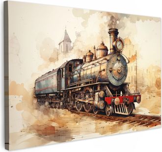 MuchoWow © Leinwände 90x60 cm Wall Decoration Bilder Schlafzimmer Deko Pictures Canvas Painting Wanddekoration Wohnzimmer Vintage - Zug - Gleis - Gebäude - Bei