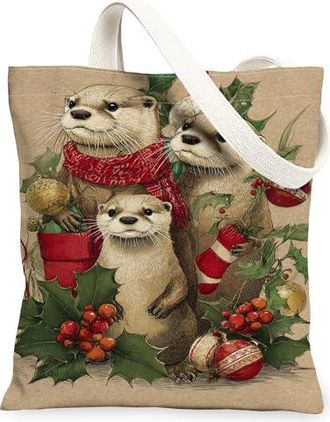 Generic Sacs fourre-tout en toile motif loutre de No&euml;l, sacs r&eacute;utilisables, vintage l&eacute;gers et lavables avec bandouli&egrave;re pour voyage, pique-nique, 33 x 38 cm
