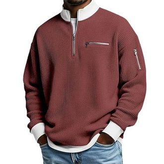 Generic Sweat &agrave; fermeture &eacute;clair contrast&eacute;e pour homme, style d&eacute;contract&eacute; et d&eacute;contract&eacute;, demi-fermeture &eacute;clair gaufr&eacute;e pour homme, mode dautomne, bordeaux, X
