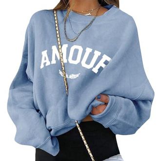 ORANDESIGNE Sweatshirts Femme Y2K Lettre Imprim&eacute; Original Sweat-Shirt Manche Longue Col Rond L&acirc;che Vintage D&eacute;contract&eacute; Pulls Tops Blouse Streetwear A Bleu S