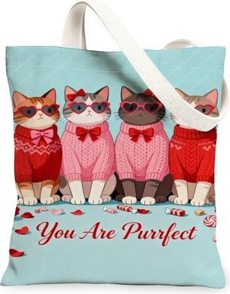 Generic Sacs fourre-tout en toile motif chat mignon, adorable motif f&eacute;lin, sacs d&eacute;picerie r&eacute;utilisables, confortables, vintage, l&eacute;gers, lavables, bleu, 13x15 