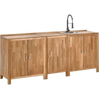 Beliani Outdoor-K&uuml;che 3er Set mit Sp&uuml;le VENOSA Akazienholz Braun / Schwarz