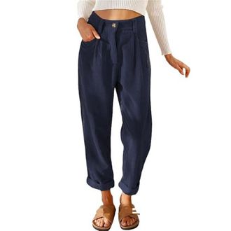 Generic Pantalon d&eacute;contract&eacute; en velours c&ocirc;tel&eacute; taille haute avec poches pour femme, bleu marine, 3XL