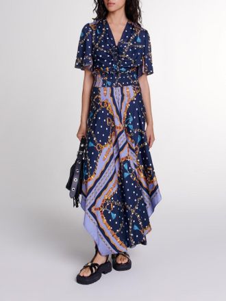 Maje Langes Bedrucktes Satinkleid - Imprime Foulard Chaine Bleu - Gr&ouml;&szlig;e 32 - Maje