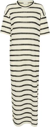 Kaffe Damen Womens Maxi Dress Short Sleeves Round Neck Slits Striped Relaxed Fit Kleid, Turtledove/Black Stripe, X-Large