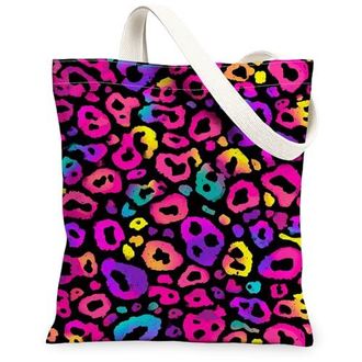 Generic Sacs fourre-tout en toile avec imprim&eacute; animal color&eacute;, &eacute;l&eacute;gant motif l&eacute;opard, sacs d&eacute;picerie r&eacute;utilisables, l&eacute;gers et lavables, multicolore, 13x15 Inch