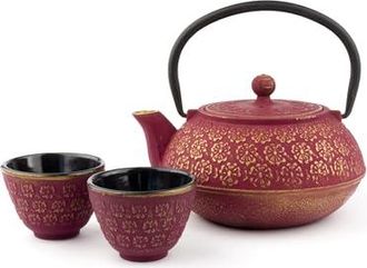 Bredemeijer rotes asiatisches gusseisernes Teekannen Set 0.6 Liter mit 2 Tassen