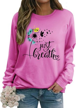 Dresswel Damen L&ouml;wenzahn Sweatshirt Langarmshirt Just Breath Pusteblume Schmetterling Drucken Pullover Herbst Winter Bluse Tops Oberteile