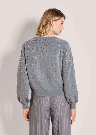 Madeleine Strickjacke Elegante Feinstrickjacke mit V-Ausschnitt Glamour&ouml;se Strickjacke mit Ballon&auml;rmeln und Pailletten, Knopfleiste