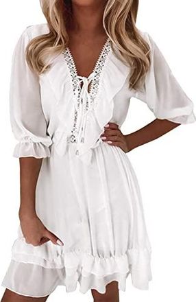 Generic Robe amincissante boh&egrave;me pour femme, robe d&eacute;t&eacute; d&eacute;contract&eacute;e en dentelle avec col en V, manches courtes, style trap&egrave;ze de plage, mi-longue, 2026, blanc