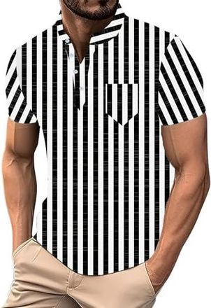 Generic T-shirt ray&eacute; pour homme d&eacute;contract&eacute; et tendance avec bouton et col montant., Noir, 3XL