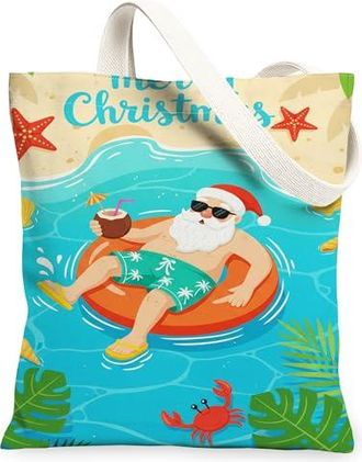 Generic Sacs fourre-tout en toile avec imprim&eacute; tropical de No&euml;l, motif P&egrave;re No&euml;l, plage, sacs d&eacute;picerie r&eacute;utilisables, l&eacute;gers et lavables, bleu, 13x15 Inch