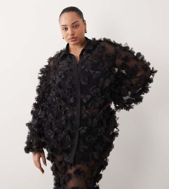 Asos Curve - Chemise densemble en tulle avec fleurs en 3D - Noir