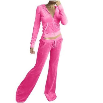 Generic Fccrian Surv&ecirc;tement 2 pi&egrave;ces en velours pour femme - Manches longues - Fermeture &eacute;clair - Veste &agrave; capuche - Pantalon large - Style d&eacute;contract&eacute; Y 2k - 
