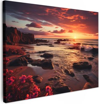 MuchoWow &copy; Leinwand Bilder 80x60 cm Wanddeko Wohnzimmer Aesthetic Room Decor Deko Zimmer Wandbilder Modern Fotogeschenke Strand - Sonnenuntergang - Blumen - Fe
