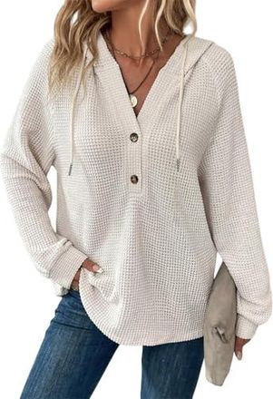 Generic Femmes Automne Hiver Mode Couleur Unie Manches Longues Col V Top avec Capuche Demi Boutonn&eacute; Cordon de Serrage Veste, blanc, 3XL