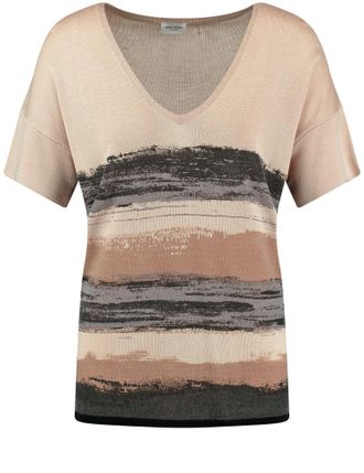 Gerry Weber Damen Kurzarmpullover mit feinem Schimmer überschnittene Schultern, Kurzarm Gemustert Ecru/Weiss/Schwarz Streifen 40