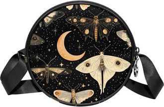 Generic Sac &agrave; bandouli&egrave;re rond pour femme, motif papillon, lune, petit sac &agrave; bandouli&egrave;re avec fermeture &eacute;clair, bretelles r&eacute;glables, sac &agrave; main rond d&eacute;contrac