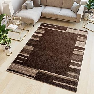 Tapiso Sari Tapis Poils Courts Moderne Marron Foncé Beige Moucheté Rayures Bordure Tapis Salon Chambre Salle à Manger Oeko-TEX Résistant 140 x 190 cm