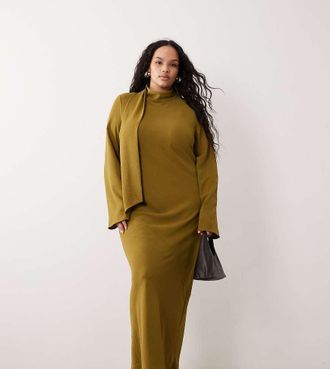 Asos Curve ASOS DESIGN Curve - Robe longue &agrave; col montant fa&ccedil;on foulard - Olive-Vert