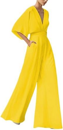 Generic Combinaison habill&eacute;e &agrave; manches pour femme - Col en V - Combinaison d&eacute;t&eacute; &eacute;l&eacute;gante - Jambe large - Manches 3/4 - Grenouill&egrave;re &agrave; jambes droites, Ye1., XX