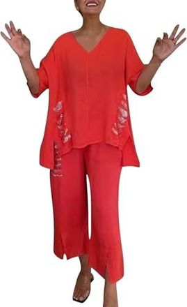 Generic Ensemble 2 pi&egrave;ces en coton et lin avec col en V pour femme - Paillettes d&eacute;chir&eacute;es - Ensemble d&eacute;contract&eacute; - Grande taille - Pantalon pour mariage, Roug