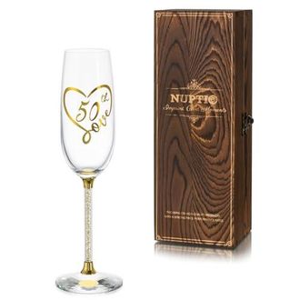 Nuptio Champagne Flute 50 Ans: Anniversaire Cadeau Fl&ucirc;te Dor avec Coffret Bois pour Homme Femme Marraine Personnalis&eacute; Cristal Danniversaire Verre Idee Cadeau