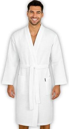Morgenstern Robe de Chambre Homme Coton &Eacute;t&eacute; Lux Gaufr&eacute; Piqu&eacute; Peignoir de Bain Waffle L&eacute;ger Japon Kimono Blanc XL Extra Large Taille 56 58