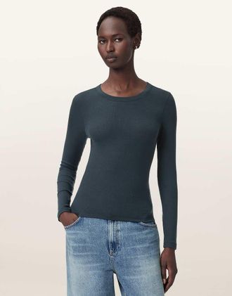 AllSaints Rina - Lang&auml;rmliges Oberteil in dunklem Schieferblau mit Rundhalsausschnitt
