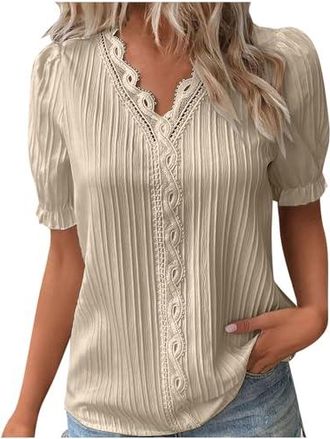 Generic Chemises tendance et &eacute;l&eacute;gantes en dentelle &agrave; manches courtes d&eacute;t&eacute; 2025 avec d&eacute;coupe brod&eacute;e et col en V pour femme - Couleur unie - Tenue d&eacute;contract&eacute;e 