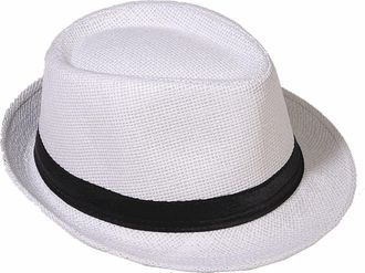Miobo Strohhut Panama Fedora Trilby Gangster Hut Sonnenhut mit Stoffband Farbe:-Weiß (Strohhut) Gr:-56