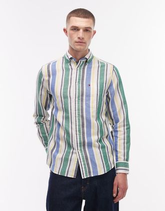 Tommy Hilfiger Chemise en lin m&eacute;lang&eacute; &agrave; rayures - Vert et bleu