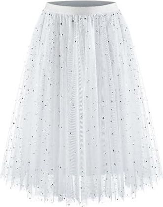 Generic Jupe en tulle pour femme - Jupe midi - Jupe trap&egrave;ze - Jupe en maille - Taille haute &eacute;lastique - Jupe dHalloween - T-shirt pour, Blanc., XL