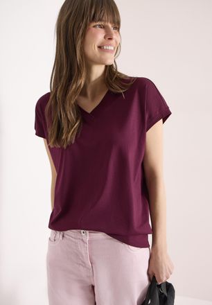 Cecil V-Shirt CECIL, Damen, Gr. XXL (46), sweet grape rot, Web, 50% Baumwolle, 50% Modal, unifarben, comfort fit normal, V-Ausschnitt, B&uuml;ndchen, Shirts, Jer