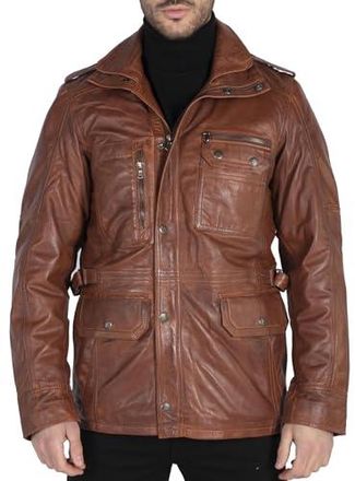 TruClothing Veste pour Homme Manteau Parka Longueur 3/4 Cuir v&eacute;ritable Coupe ajust&eacute;e Style Militaire - Marron Clair 6XL