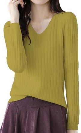 Generic Chemise à manches longues pour femme, coupe classique, printemps 2025, couleur unie, col en V, pull à manches longues, intérieur tricoté, ample, décon