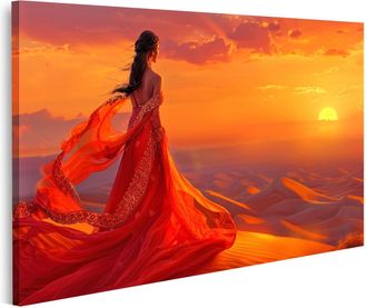 Islandburner Prime Bild auf Leinwand Frau im roten Kleid beim Sonnenuntergang in der W&uuml;ste f&uuml;r Wohnzimmer Kunstliebhaber Galerie Bilder Wandbilder Poster