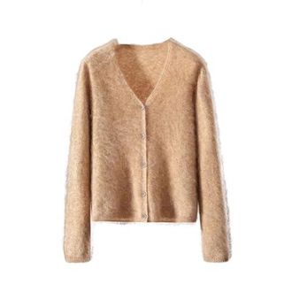 Generic Cardigan en laine de mouton et cachemire sans couture pour femme Col en V Manches longues Tricot &agrave; simple boutonnage, Huacai Camel, Taille S