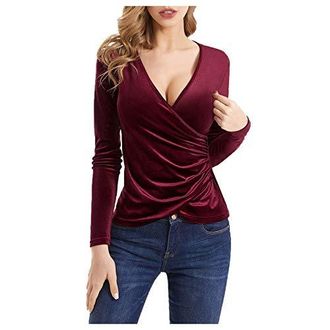 Generic T-shirts Personnalis&eacute; Col V Velours Chemisier Femme avec Design enveloppant Coupe &eacute;troite Manches Longues pour un look &eacute;l&eacute;gant T-shirts pour femmes T-