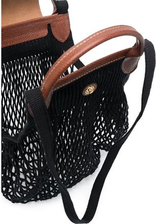 Longchamp Mesh Cotton and Calf Leather Tote Bag - Black