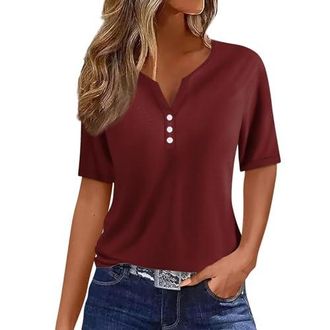 Generic Tee Shirt Femme Col V T-Shirt Manches Courtes Haut Ete Basique Top Elegant avec Bouton