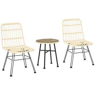 OUTSUNNY Bistro-Set für den Garten, 3-teilig, 2 Stühle + runder Couchtisch, Hartglas, 2 Kissen mit Reißverschluss, abnehmbarer Bezug, Polyester, Polyrattan, Po