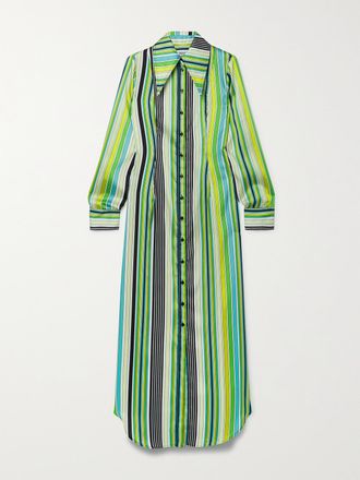 Christopher John Rogers Gestreiftes Hemdblusenkleid Aus Satin - Gr&uuml;n