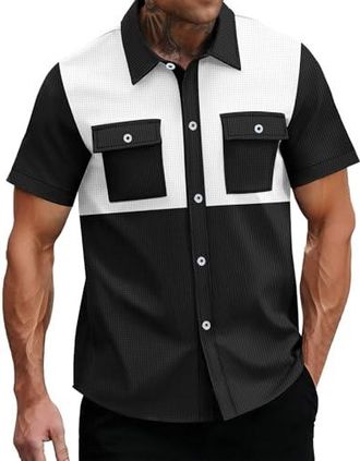 Generic Chemise daffaires pour homme, chemise gaufr&eacute;e aux couleurs contrast&eacute;es, chemise formelle &agrave; revers chemise boutonn&eacute;e tendance &agrave; manches courtes haut d&eacute;