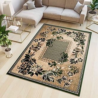Tapiso Atlas Tapis Poils Ras Moderne Beige Vert Floral Vitre Bordure Mouchet&eacute; Tapis Salon Chambre Adulte Salle &agrave; Manger Bureau Oeko-TEX R&eacute;sistant 250 x 300 c