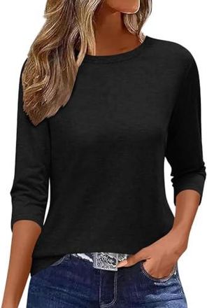 Minetom T-Shirt Col Rond à Manches 3/4 pour Femme Coupe Classique Ample Léger Pull Décontractés Chic et Elegant Basic Top Haut A Noir XXL