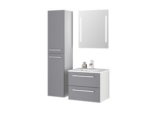 SIEPER I Badmöbel Set Libato, Waschtisch mit Unterschrank 60 x 50 cm, Hochschrank und Badspiegel I Arktisgrau