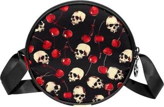 Generic Sac &agrave; bandouli&egrave;re rond pour femme, motif cr&acirc;nes de cerise, petit sac &agrave; bandouli&egrave;re avec fermeture &eacute;clair, bretelles r&eacute;glables, sac &agrave; main rond d&eacute;contr