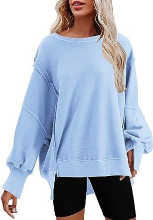 Generic Sweat-shirt &agrave; manches longues et col rond d&eacute;contract&eacute; pour femme - Sweatshirts en polaire sans capuche surdimensionn&eacute;s avec ourlet asym&eacute;trique - Tuniq